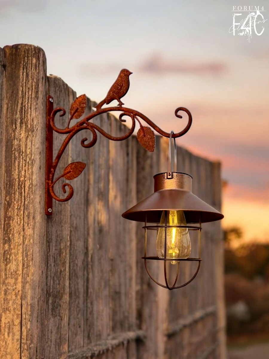 RUSTIC BRUSHED COPPER HANGING SOLAR LIGHT WITH RUSTY ORNATE WALL BRACK ...