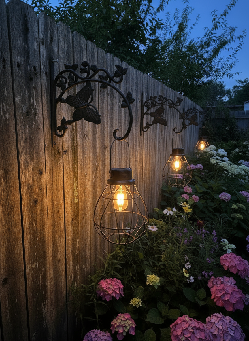RUSTIC BRONZE WIRE SOLAR LIGHT WITH CAST IRON BUTTERFLY WALL BRACKET ...